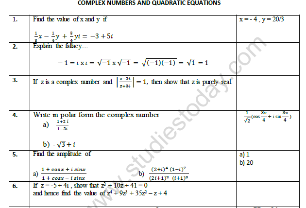 CBSE Class 11 Mathematics Complex Numbers Worksheet Set B
